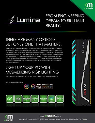 Mushkin Redline Lumina – DDR4 RGB Gaming DRAM – 32GB (2x16GB) UDIMM Memory Kit – 3600MHz (PC4-28800) *CL-16* – 288-pin 1.4V Desktop RAM – XMP Ready – LED Heatsink – (MLA4C360GKKP16GX2)