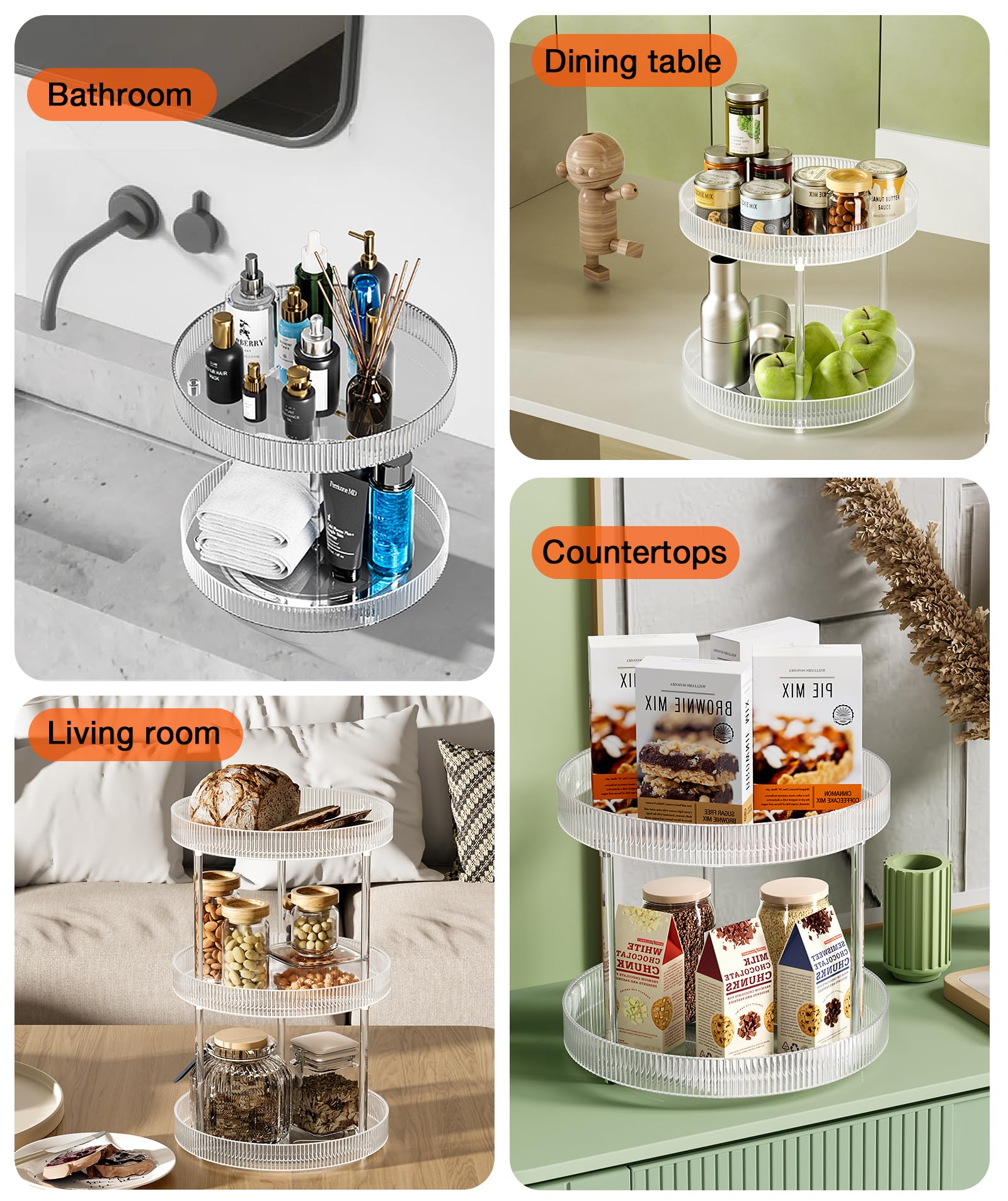 360° Clear Rotating Storage Tray, 3 Tier Lazy Susan Bathroom Countertop Organizer, Cosmetics and Perfume Organizer, Spinning Storage Tray Vanity Organizer Shelf for Bathroom Cabinet, Kitchen(Large)