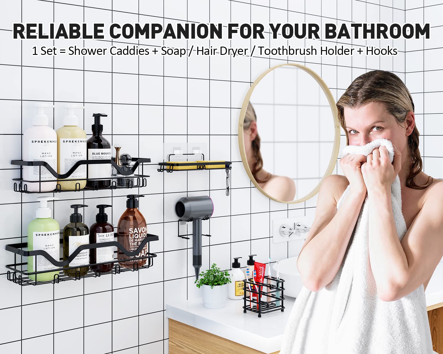 5 Pack Bathroom Shower Caddy Shelf Organizer, with Toothbrush/Soap Dishes/Hair Dryer Holder, No Drilling Wall Mount Adhesive Shelf for Inside Shower, SUS304 Storage Organizer Accessories (Black)