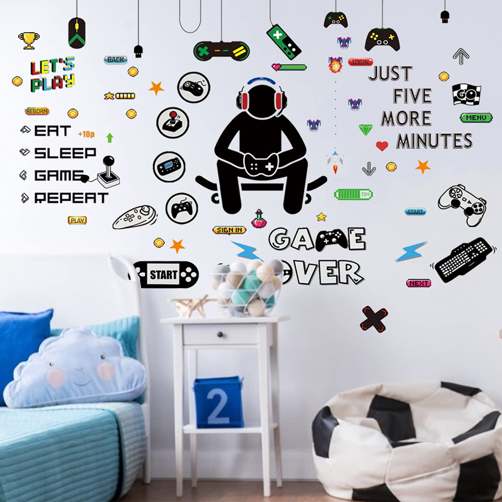Gamer Wall Sticker Game Wall Decals for Boys,Video Game Room Decor Gaming Controller Wall Stickers Removable DIY Cartoon Party Wallpaper for Kids Bedroom Home Playroom Decoration,6 Sheets