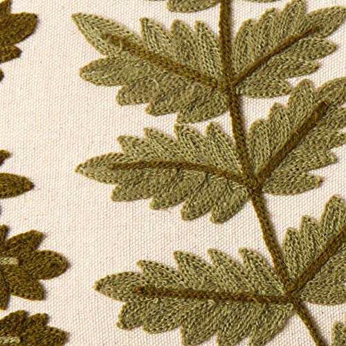 Creative Co-Op White Rectangle Cotton Pillow with Embroidered Green Ferns