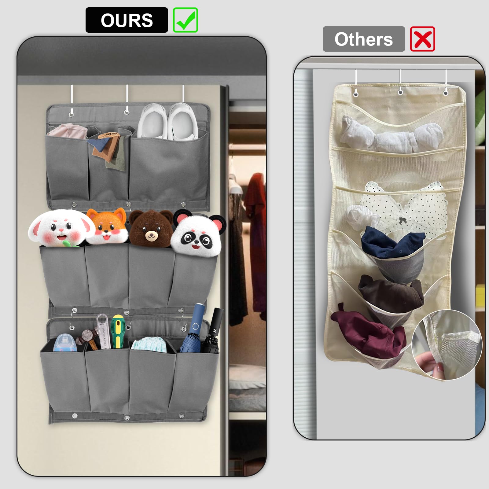 3 Pack Hanging Shoe Storage Pockets,Over the Door Rv Shoe Organizer Hanging with Hooks,Shoe Rack for Closet Organizers and Storage,Bedside Caddy for Shoes Tools Accessories,Shoe Holder Hanger Grey