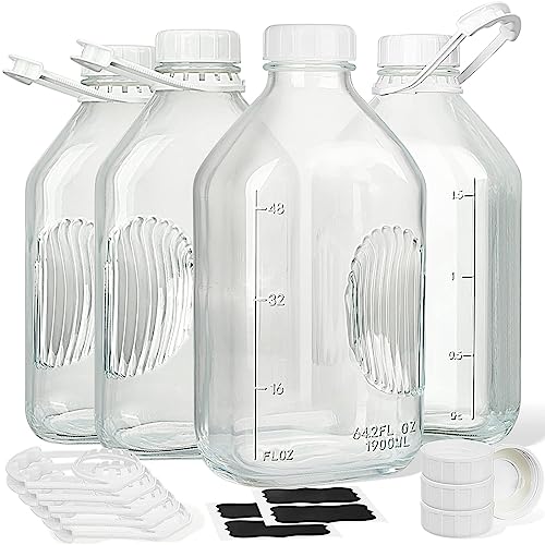 4 Pack 2 Qt Glass Milk Bottles with Airtight Reusable SCREW LID - 64 Oz Glass Juice Bottles, 1/2 Gal Glass Water Bottles, Glass Milk Jug Pitcher with 2 Exact Scale Line, Extra Free 4 Lid and 8 Handle!
