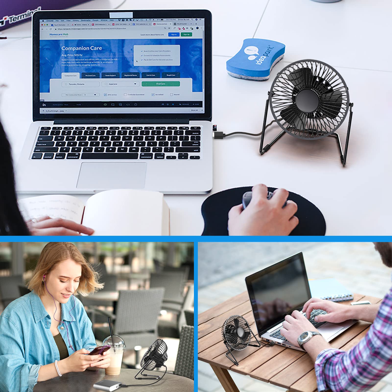 ALPIAZ 5 inch USB Fan, Portable Small Desk Fan, Mini Personal Fan with Two Speed Settings, Super Quiet Table Fan, Metal Design, 360° Up and Down, Perfect for Home Office