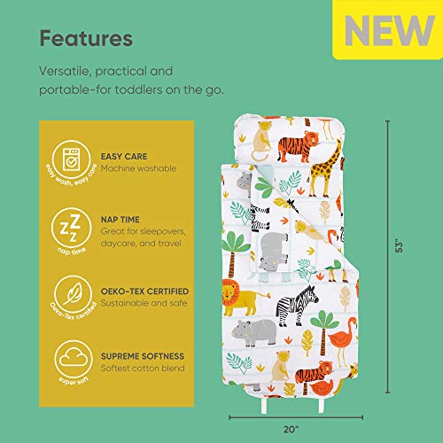 Bloomsbury Mill - Safari Adventure - Jungle Animals - Super Soft Toddler Nap Mat - includes Pillow, Mat and Blanket - Ideal Gift & Sleep Bag for Kindergarten and Pre-School - 20" x 53"