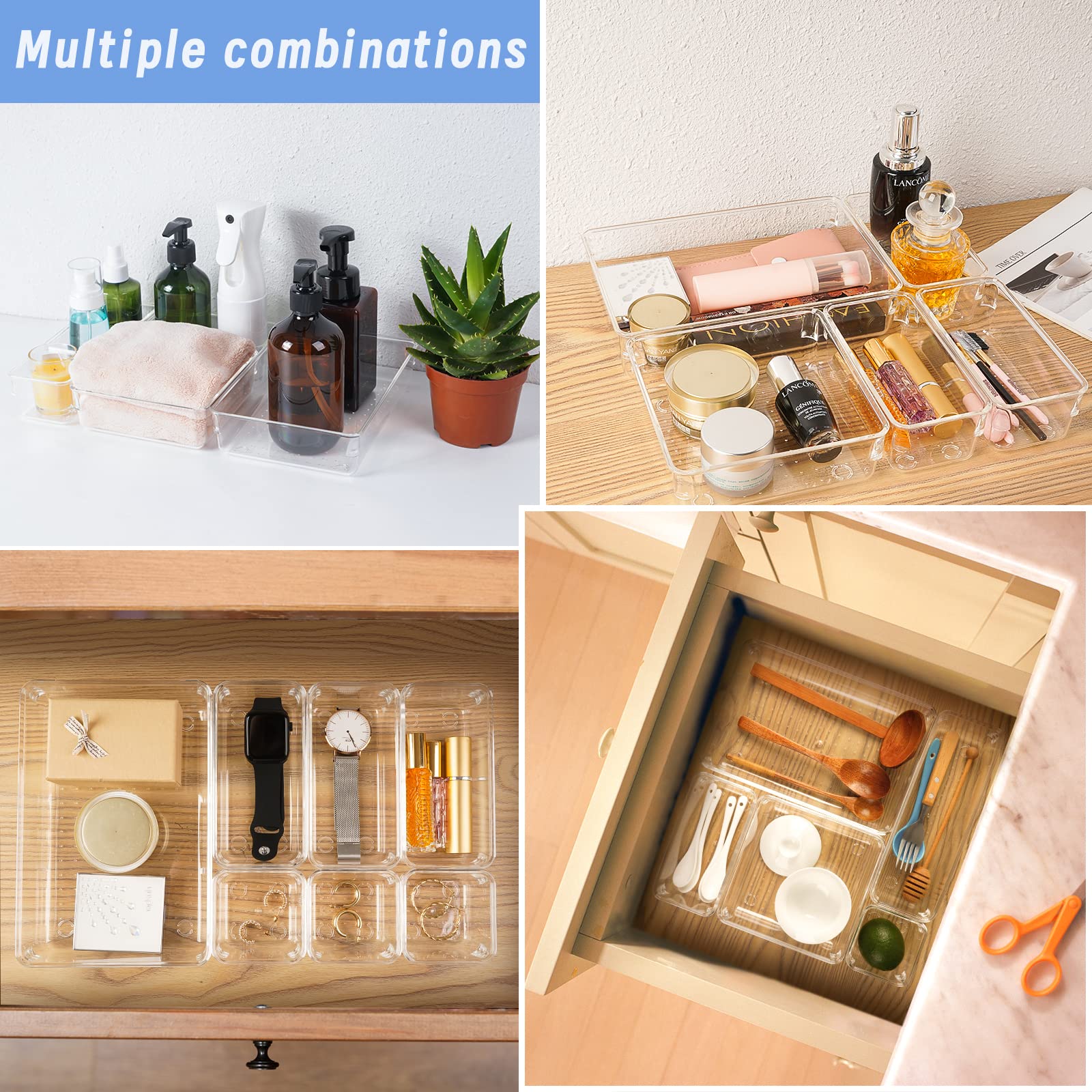 16 PCS Clear Plastic Drawer Organizer Set, 5-Size Desk Drawer Divider Vanity Drawer Organizer Trays, Versatile Storage Bins for Makeup, Jewelry and Office, Desk, Bathroom, Bedroom, Kitchen