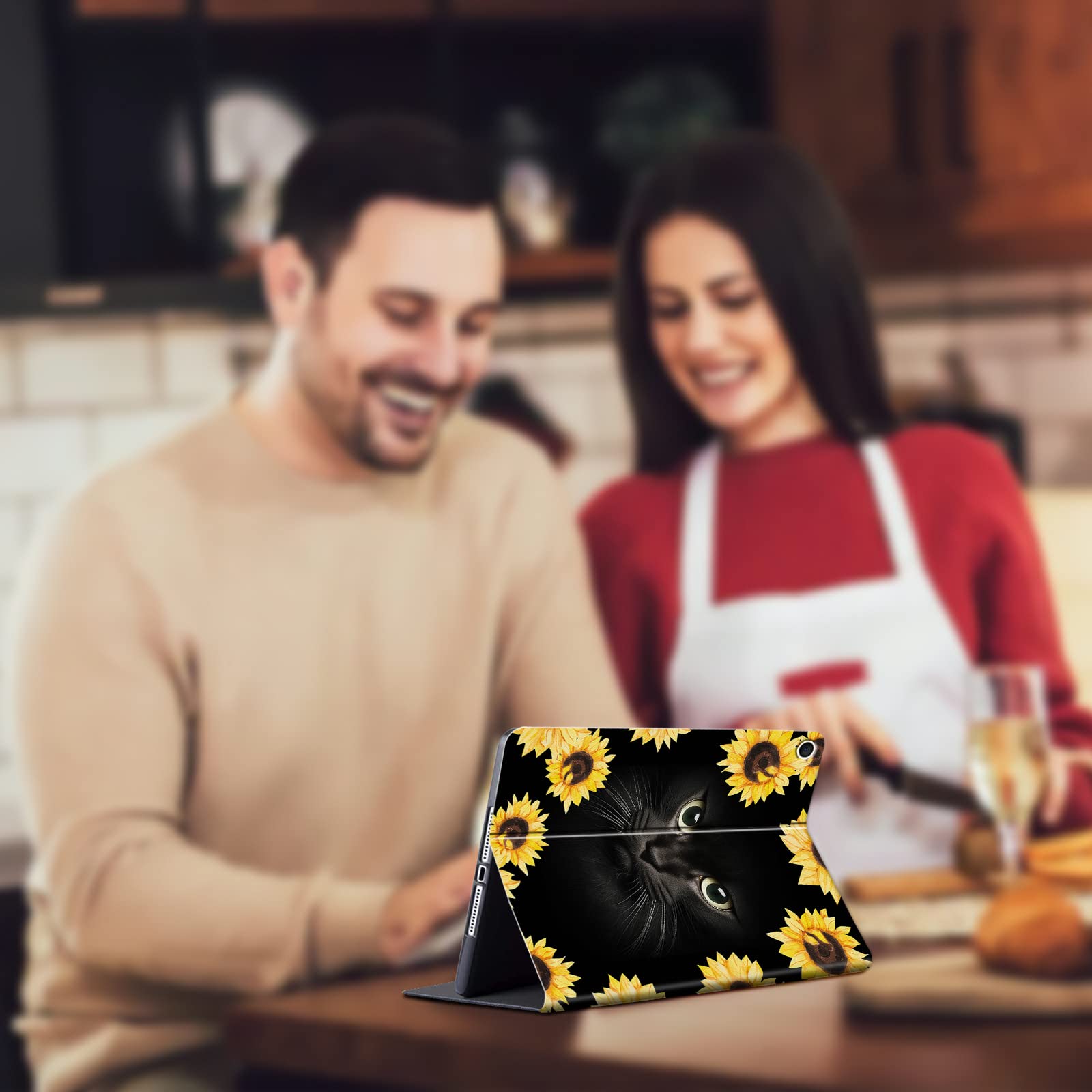 Case for All-New Fire HD 10 Tablet (7th/9th Generation,2017/2019 Release),with Adjustable Stand & Auto Wake/Sleep Feature Smart Protect Cover for Fire HD 10.1 inch - Sunflower and Black Cat