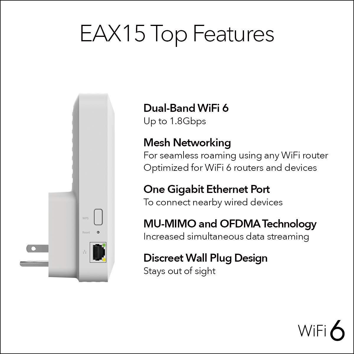 NETGEAR EAX15-100NAR AX1800 Dual-band WiFi 6 Mesh Extender Wall Plug - Certified Refurbished