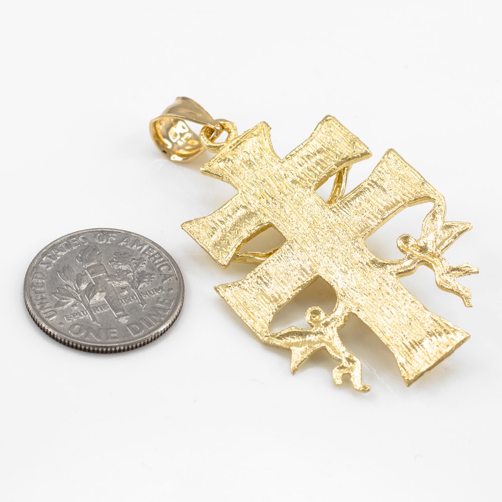 14k Yellow Gold Caravaca Double Cross with Angels Crucifix Pendant
