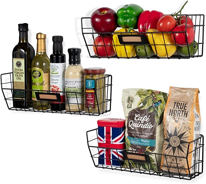 Wall Mounted Wire Basket Kitchen Storage Pantry Organizer Fruit Basket Varying Sizes Set of 3 Black