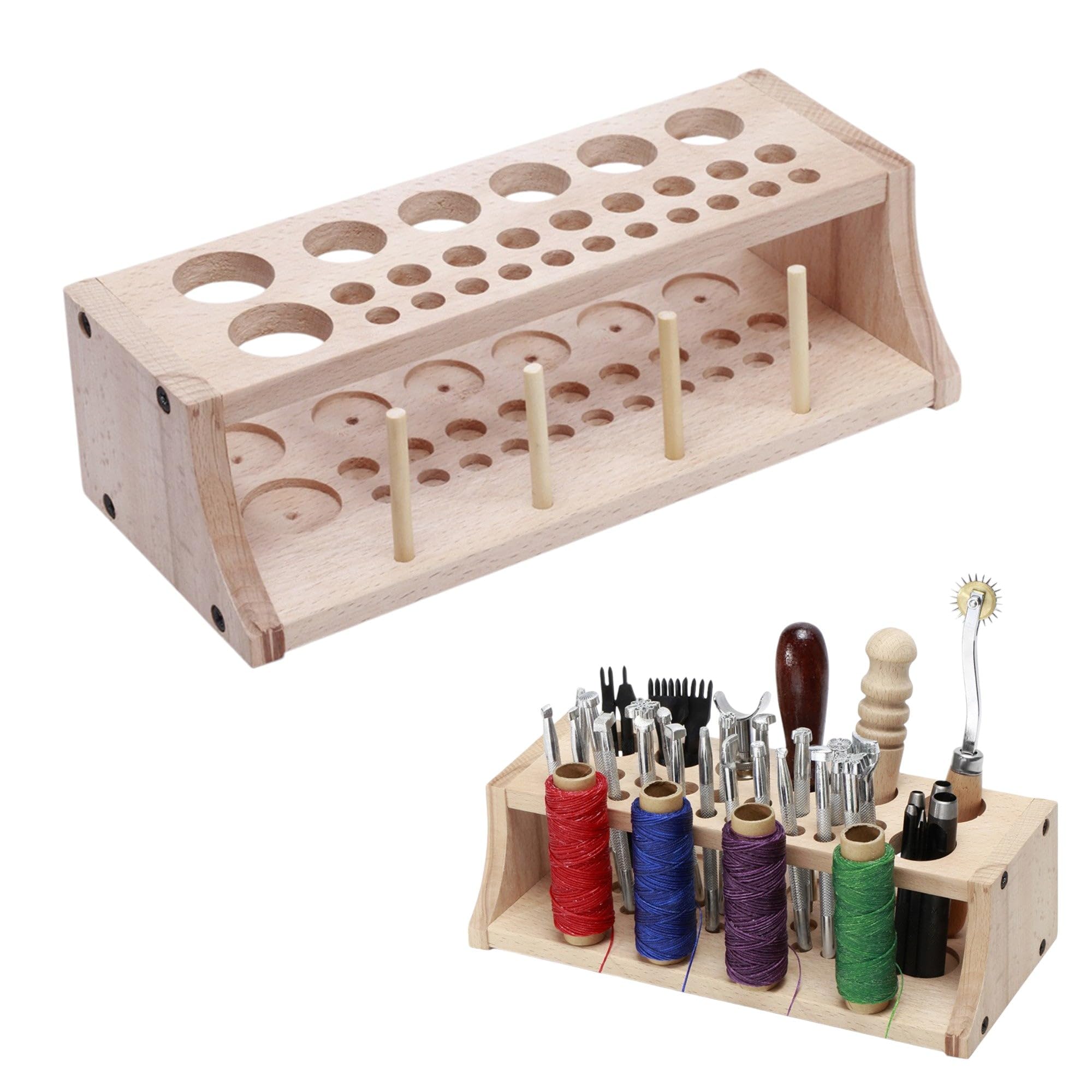 27 Slot Wooden Tool Organizer Storage Station for Leather & Sewing Crafts, Workspace Organization