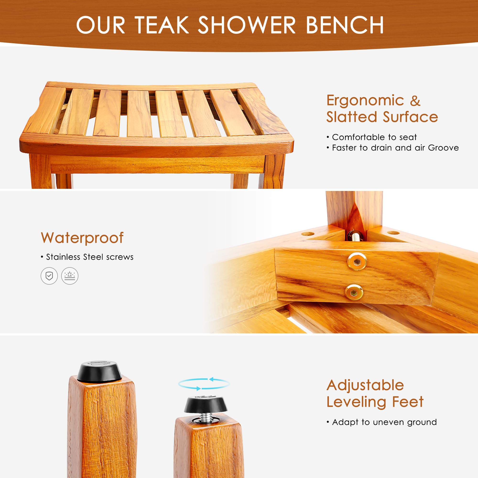 16 Inch Teak Shower Bench Stool with Storage Shelf, Waterproof Teak Spa Bathing Stool for Inside Shower, Bathroom Shower Chair for Adult Elderly Perfect for Indoor and Outdoor Use