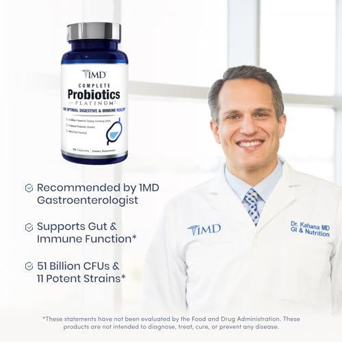 1MD Nutrition Complete Probiotics Platinum - w/Prebiotics and Probiotics for Digestive Health - Probiotic Supplement for Women & Men - More Than 50 Billion Live CFU 11 Strains Dairy-Free - 30 Caps