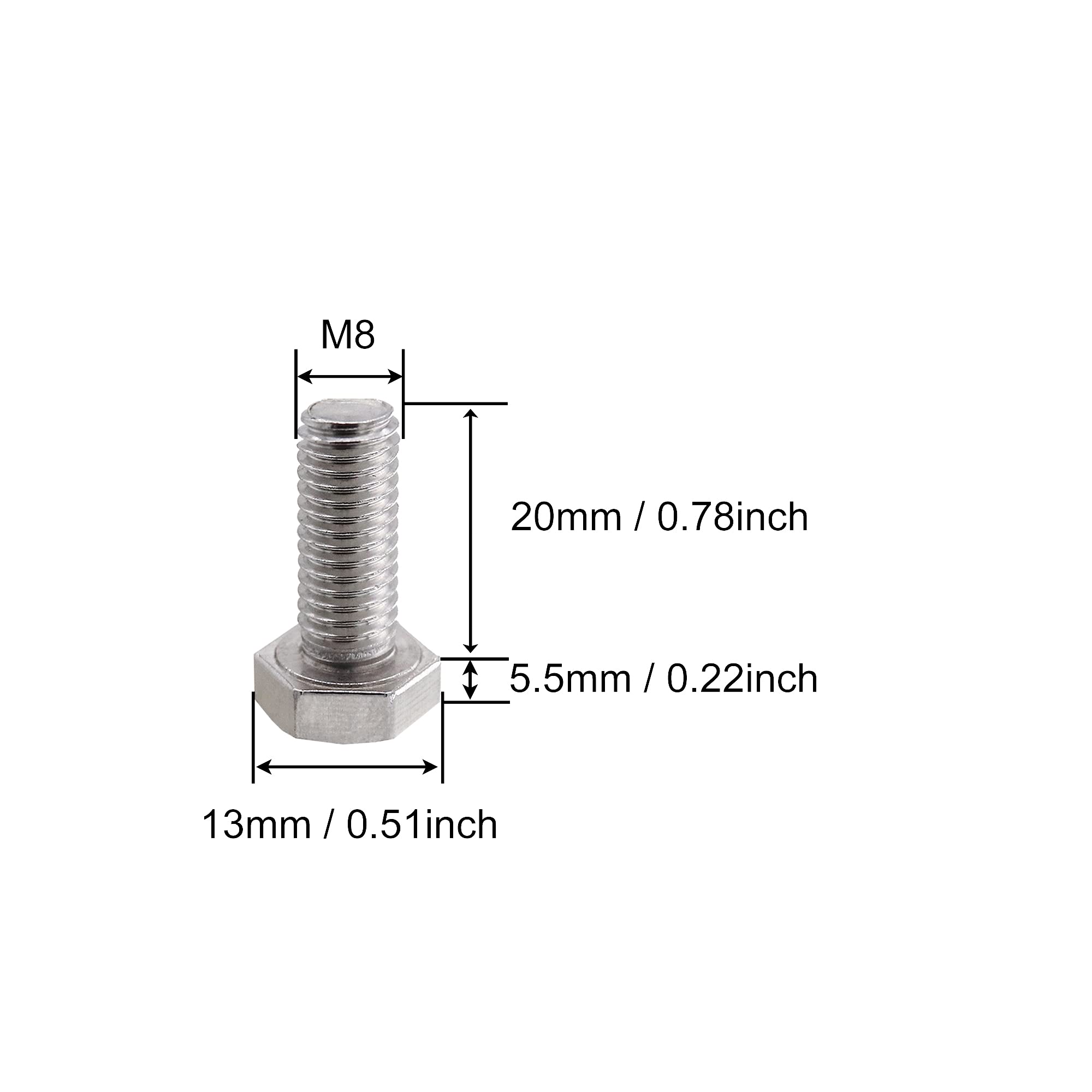 VictorsHome M8 Hex Head Bolt Screw, M8-1.25 x 20mm Stainless Steel 18-8 304 A2-70 Fully Threaded Hex Bolts 5pcs
