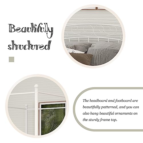 AUFANK Queen Size Canopy Bed Frame Four-Poster Metal Platform Bed with Headboard and Footboard Sturdy Heavy Duty Steel Slat Support No Box Spring Needed White