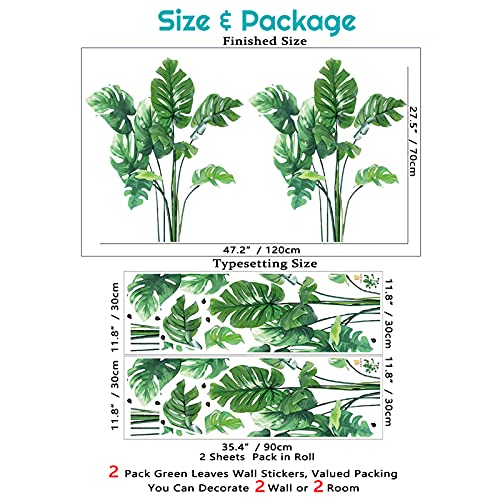 Monstera Leaf Wall Decals 2 PCS Palm Leaves Wall Stickers for Living Room, Green Tropical Plants Wall Decor Posters Vibrant Jungle Leaves Wallpaper for Bedroom Nursery
