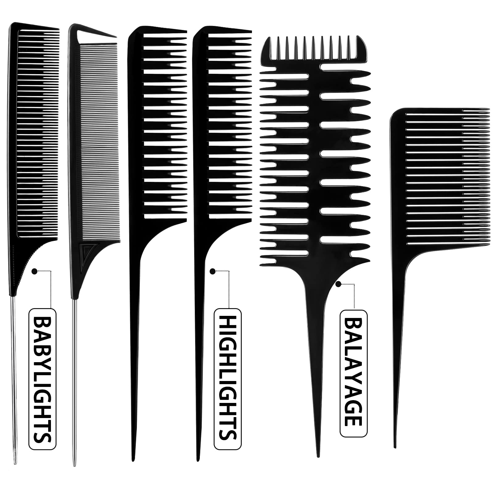 Highlight Comb Set, 6 Piece Set, Weaving, Sectioning, Styling, and Hair Dyeing Combs Professional Weaving Styling for Foiling and Balayage Coloring