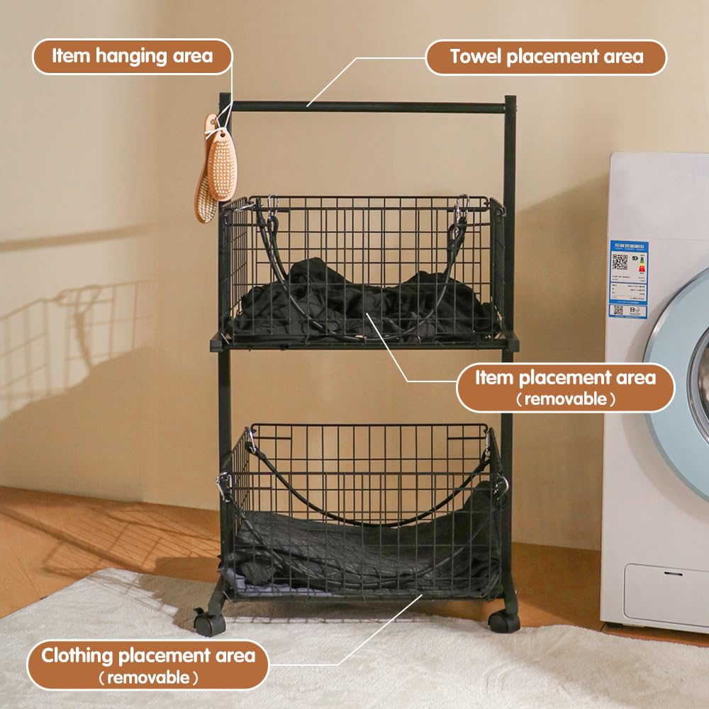 2 baskets rolling laundry basket for garments storage, easy moved with wheels have brake, Laundry basket, white and black,rolling basket (BLACK)