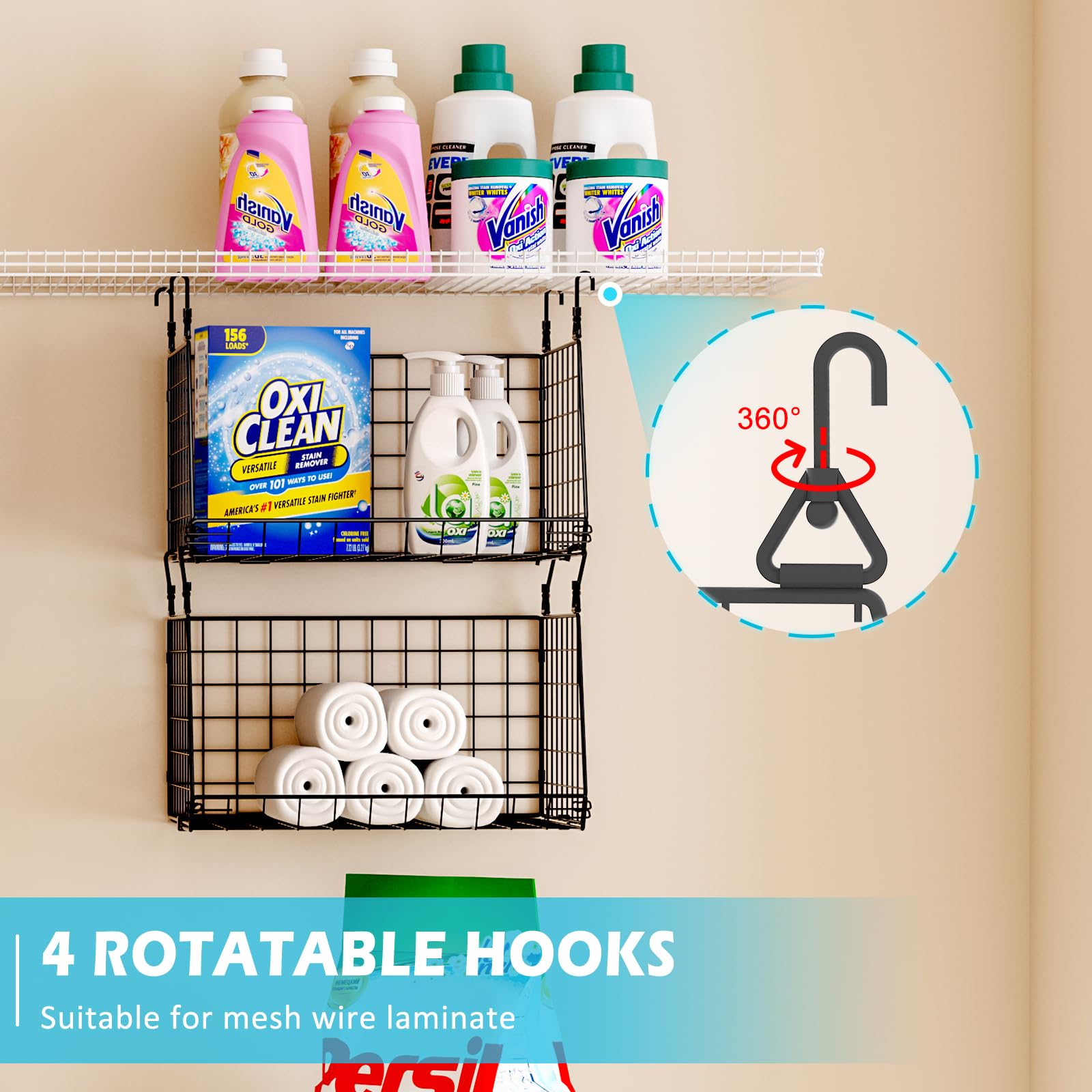 3-Pack Hanging Laundry Room Organizaton:Foldable Laundry Room Organizer Wire Shelf Basket with 360°Rotating Hooks Space Saving Over Washer and Dryer Shelves - Laundry Organization and Storage, Black