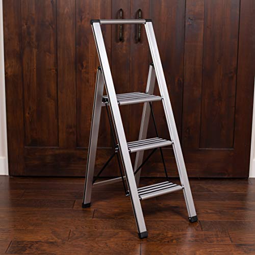 BirdRock Home 3-Step Slim Aluminum Step Ladder - Sturdy Thin Folding Stool - 3 Anti-Slip Steps - Wide Platform - Great for Your Kitchen, Pantry, Closets, or Home Office - Indoor Stool - Silver