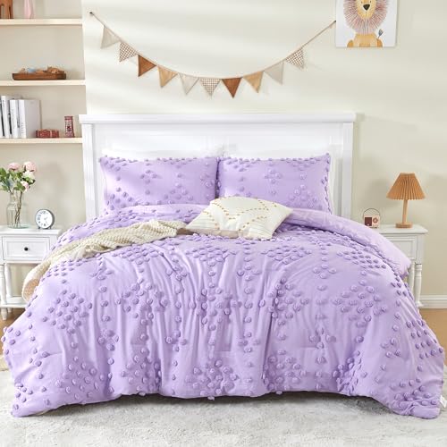 3-Piece Queen Size Kids Bedding Set for Girls Purple Boho Tufted Dots Jacquard Pom Pom Tufts Embroidery Bed-in-a-Bag Bohemian Kids Comforter Set for Boys with Comforter, 2 Pillowcase