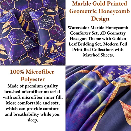 ANGIYUIN 7Pcs Bed-in-A-Bag Purple Gold Marble King Comforter Set with Sheets, 3D Geometric Hexagon Theme Decor Yellow Leaf Bedding Set, Modern Foil Print Duvet Insert for All Season (Purple King)