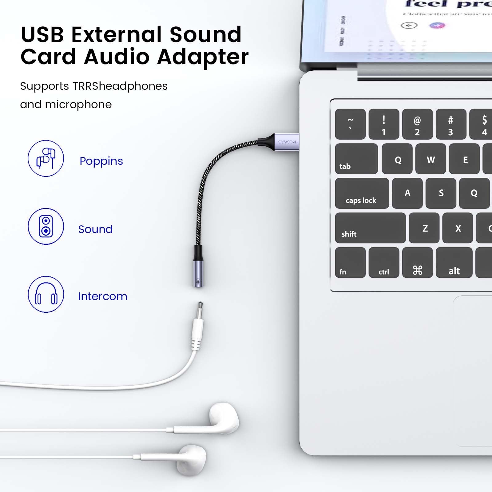 MOSWAG USB to Audio Jack Adapter 0.65Feet/20cm, External Sound Card Jack Audio Adapter with 3.5mm Aux Stereo Converter Compatible with Headset, PC, Laptop, Linux, Desktops, PS4 and More Device