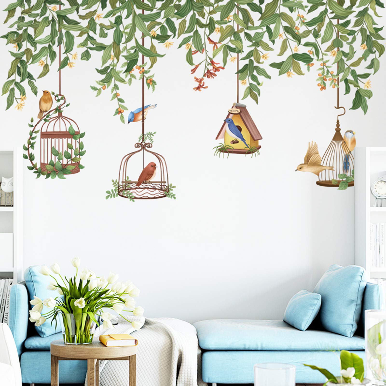 Flower Vine Tree Branch Wall Decals with Birdcage, Colorful Birds Green Plants Wall Stickers, Flowers Flying Bird DIY Art Murals for Bedroom Living Room Kids Rooms Nursery Wall Décor