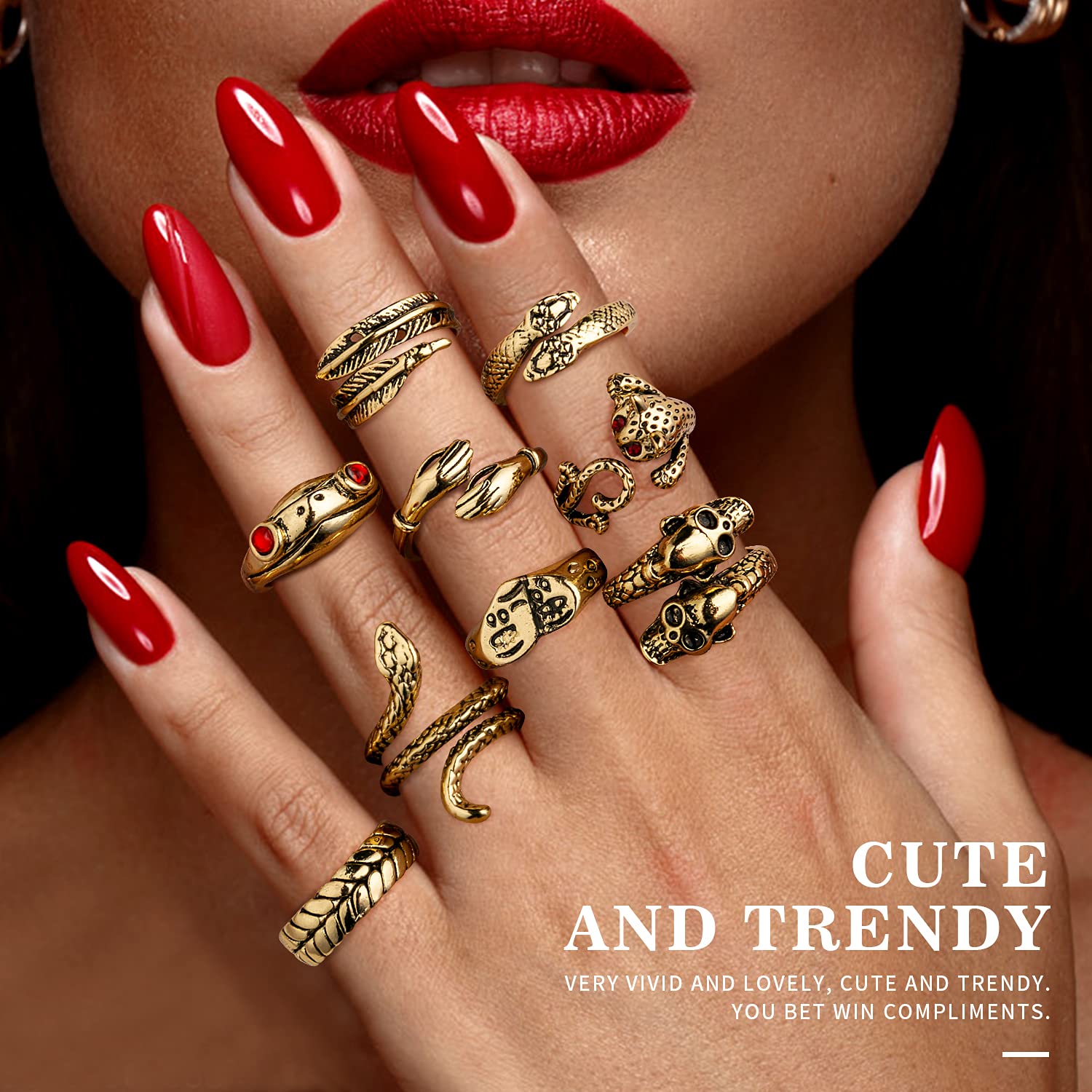 16 Pcs Vintage Frog/Dragon/eagle Open Rings for Women Knuckle Stacking Ring Set Snake Punk Ring Boho Animal Gothic Hug Finger Rings Adjustable (Gold)