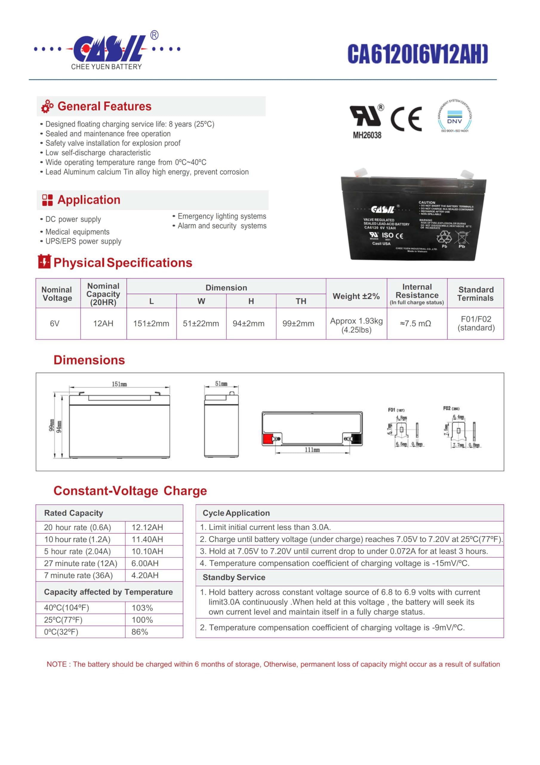 Casil Emergency Light Battery 6v 12ah CA6120 6v 12ah Battery Sealed Lead Acid AGM with F2 Terminal for 6v Emergency Light Battery - VRLA 6v Battery 12ah