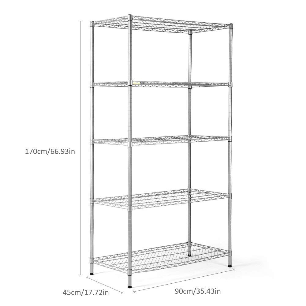5-Tier Wire Shelving Unit, Adjustable Steel Storage Shelves 35.4" D x 17.7" W x 66.9" H, Commercial Storage Organisation Rack Heavy Duty Steel Shelving for Kitchen Bedroom Bathroom Office Garage