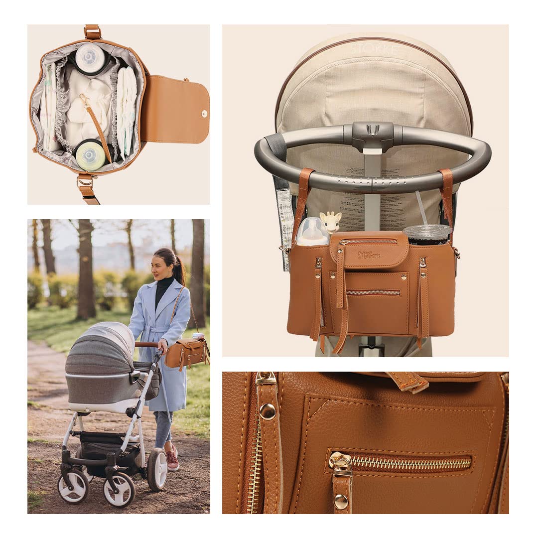 motheric Brown Leather Universal Stroller Organizer Shoulder bag with insulated cup holder, Shoulder strap - Parent console Caddy with strollercup holder