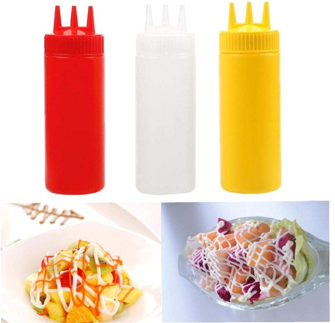 1pc 3 Hole Squeeze Bottle Condiment Dispenser for Sauce Vinegar Oil Ketchup Gravy Cruet Kitchen Accessories 360ml Red