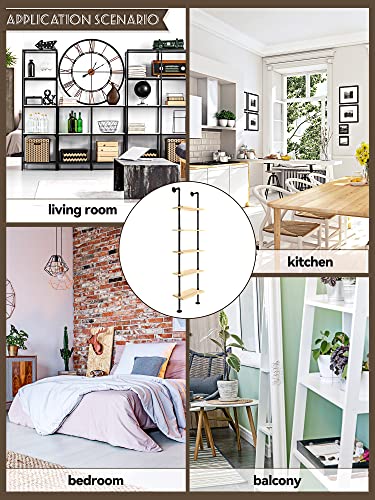 5 Tier Modern Bookcase Wall Mount Ladder Bookshelf Include Wood Planks Industrial Pipe Shelf Book Display Rack Metal Pipes and Wood Shelves Stand Black Corner Frame Bookcase (Natural Wood Board)