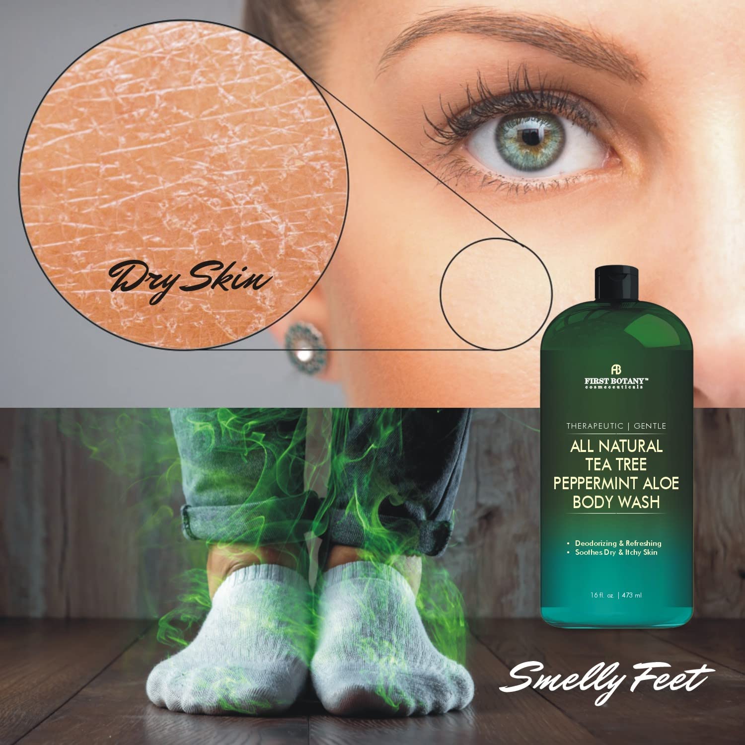 First Botany, ALL Natural Body Wash - Fights Body Odor, Athlete’s Foot, Jock Itch, Nail Issues, Dandruff, Acne, Eczema, Shower Gel for Women & Men, Skin Cleanser -16 fl oz (Tea Tree Mint)
