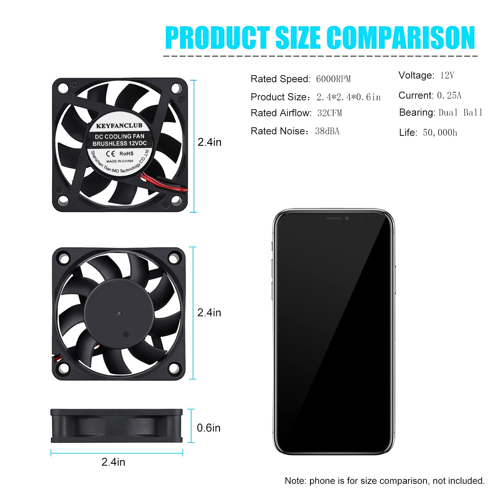 2-Pack 60mm x 60mm x 15mm 12V 6000RPM Brushless Small Cooler Cooling Replacement Fan Dual Ball Bearing