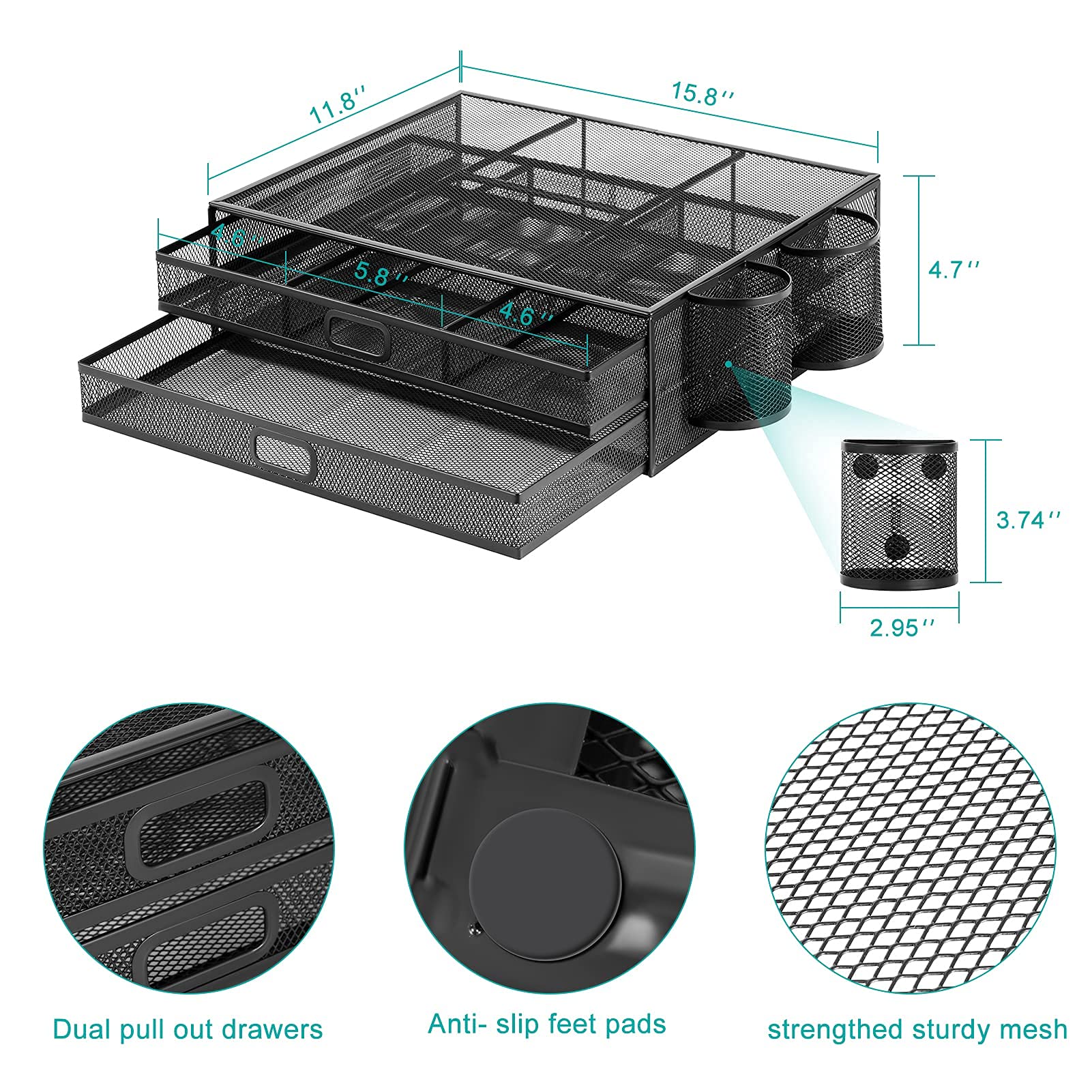 Monitor Stand with Drawer | Monitor Riser with Drawers and 2 Magnetic Pen Holder | Black Mesh Metal Desk Organizer for Computer, PC, Laptop, Printer, Notebook, iMac (Set of 3)