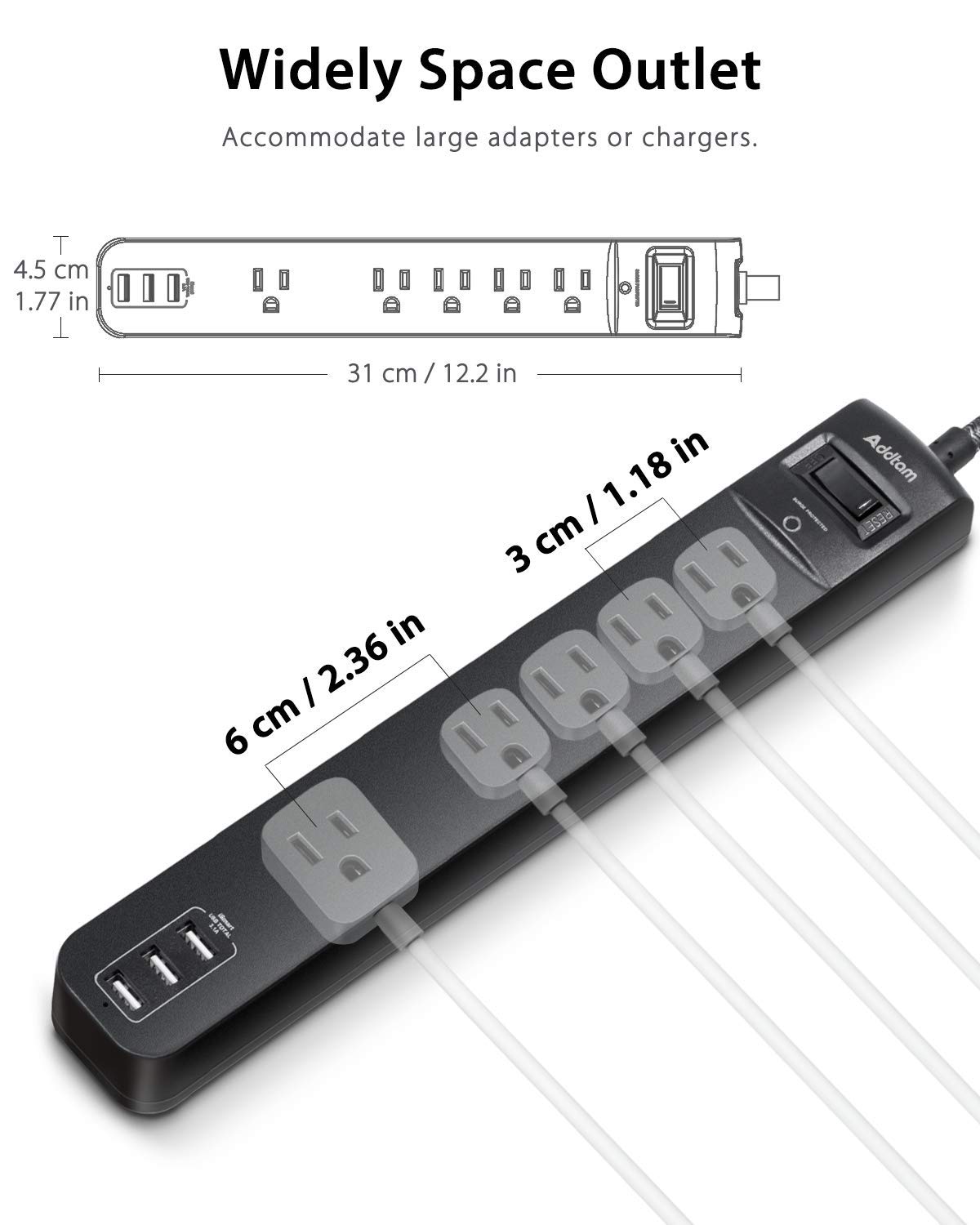 2 Pack Power Strip Surge Protector, 5 Widely Spaced Outlets 3 USB Charging Ports & Power Strip Surge Protector with 10 Outlets and 4 USB Ports