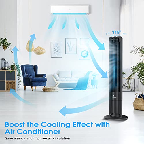 Airvention 115° Oscillating Modern Tower Fan for Bedroom, 43'' Standing Fan with Remote, 7.5H Timer, 28dB Ultra Quiet Cooling Floor Fan for Home, Office or Bedroom, 3 Speeds, 3 Modes, X01A, Black
