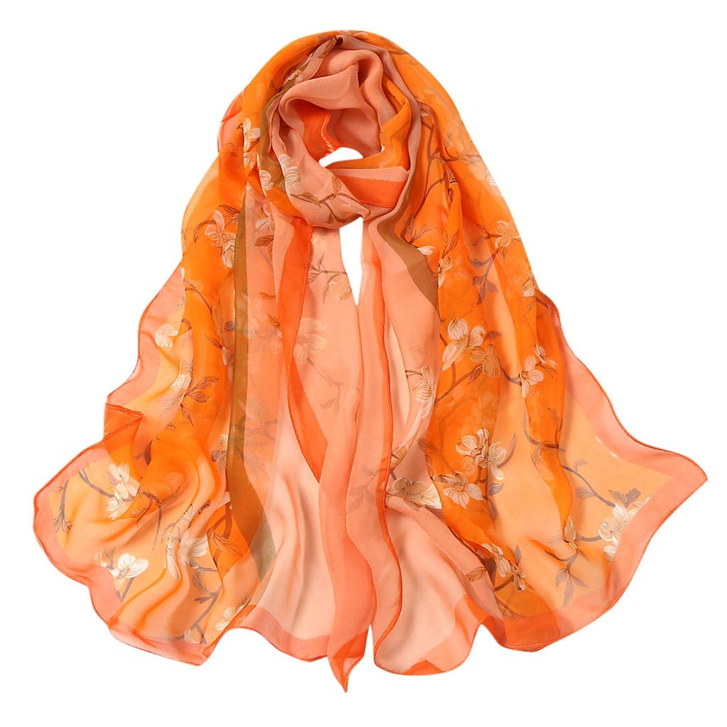 160 * 50cm Women Flower Print Long Soft Wrap Scarf Simulation Silk Shawl Scarves Large Silk Scarf (Orange, One Size)