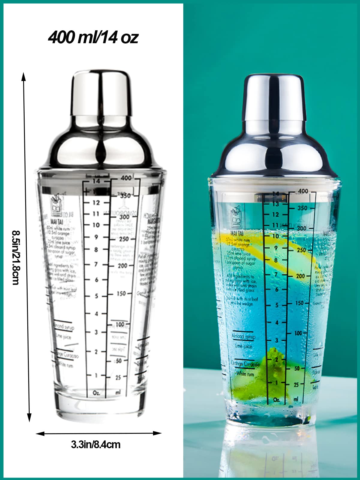 14oz Glass Cocktail Shaker,Martini Shaker Printed with 6 Drink Recipes，Measured Mixing Glass and Stainless Steel Top Drink Shaker, Best Gift for Beginner