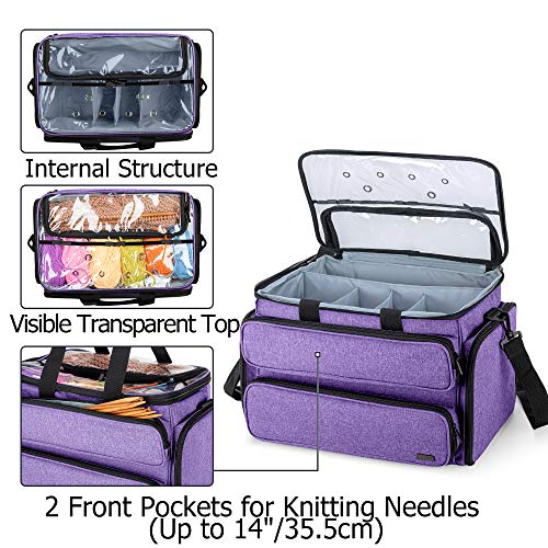 YARWO Knitting Bag, Yarn Storage Organizer Tote for Knitting Needles(Up to 14β), Crochet Hooks, Circular Needles, Projects and Skeins of Yarn, Purple (Bag Only)