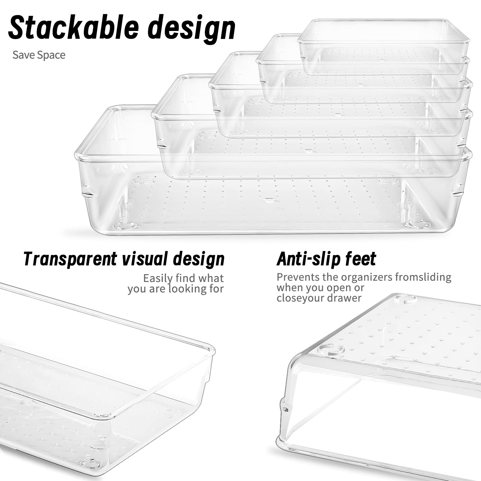 16 PCS Clear Plastic Drawer Organizer Set, 5-Size Desk Drawer Divider Vanity Drawer Organizer Trays, Versatile Storage Bins for Makeup, Jewelry and Office, Desk, Bathroom, Bedroom, Kitchen