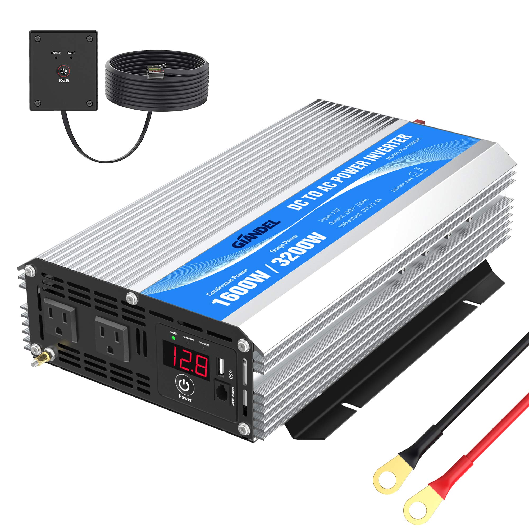 1600Watt Power Inverter Modified Wave DC 12volt to AC 120volt with Remote Control & LED Display and 2.4A USB Port for Trucks Boats RV & Emergency