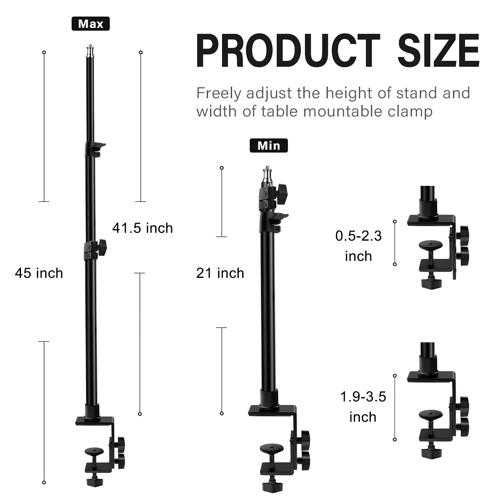 Obeamiu 2 Pack C Clamp Desk Mount Light Stand with 1/4" Ball Head and Hot Shoe Mount Adapter, 21-45 Inch Adjustable Tabletop Bracket Stand for DSLR Camera, Ring Light, Video Monitor, Microphone Webcam