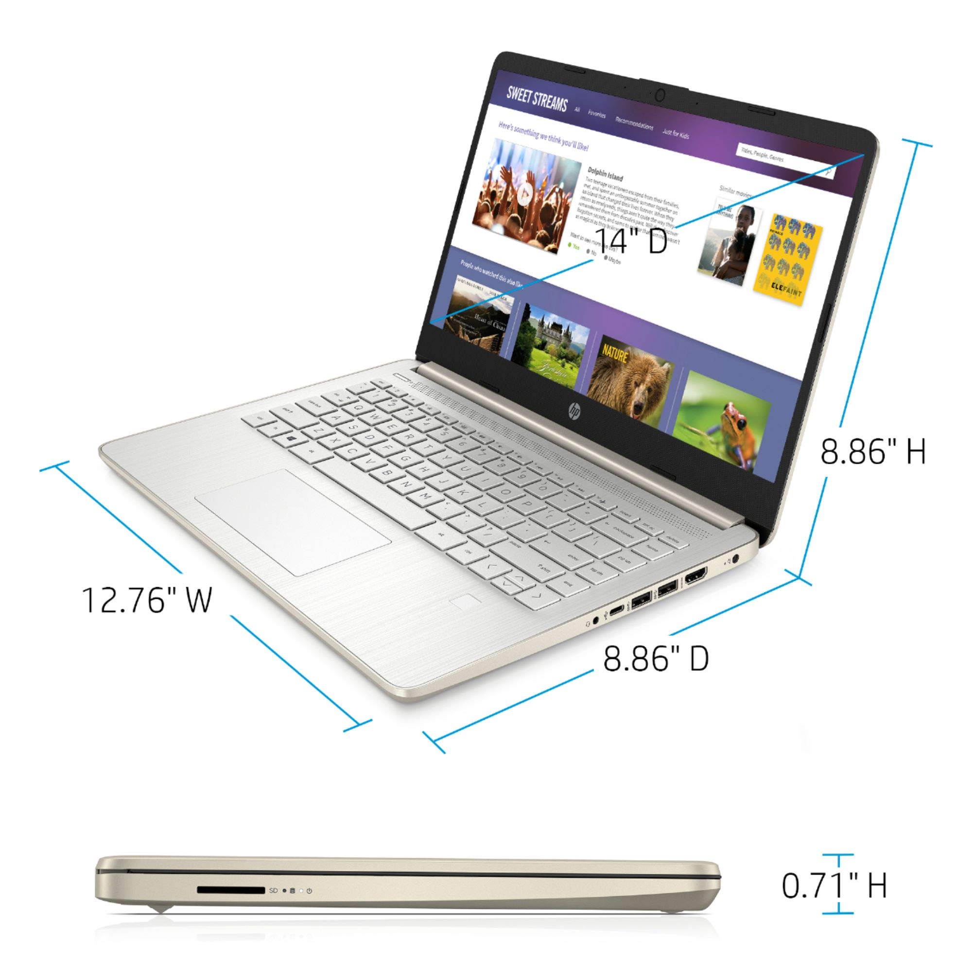 HP 2021 Newest Premium 14-inch HD Laptop| Intel Celeron N4020 to 2.8GHz 8GB RAM 192GB(64GB SSD+ 128GB SD Card)| Webcam Bluetooth HDMI USB-C Wi-Fi| Win 10 S with 1 Year MS 365| VAATE Bundle| Pale Gold