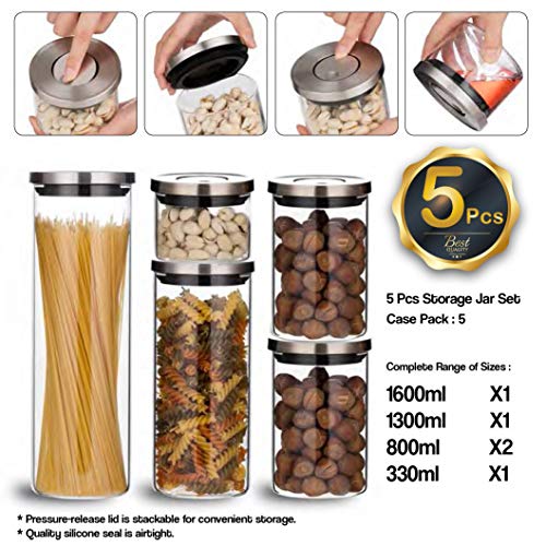 Balchy 5-Piece Canisters Sets with Silicone Seal Borosilicate Glass Jars Vacuum Seal for Tea Coffee Sugar Pop Flour Canister for Kitchen