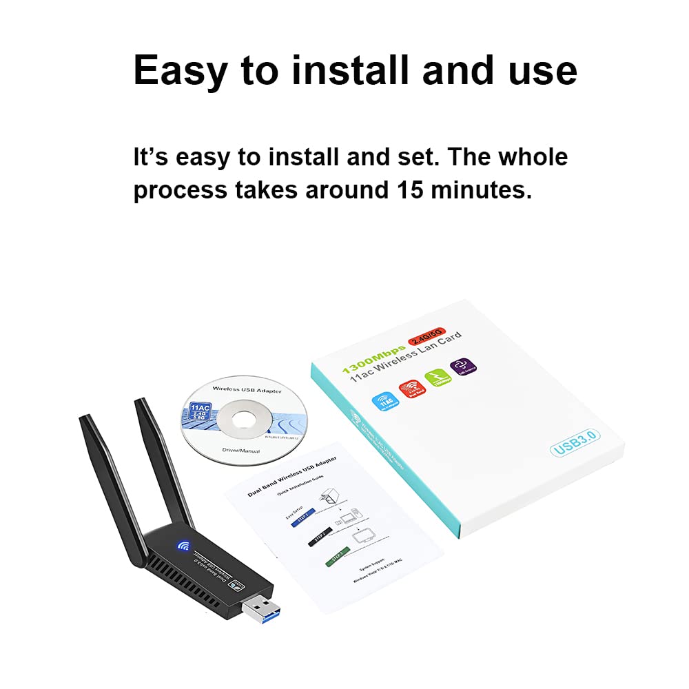1300Mbps USB WiFi Adapter for PC Dual 5dBi Antenna Wireless Adapter for Desktop Laptop 2.4Ghz/5Ghz Band WiFi dongle Compatible with Windows 10/7/8/8.1/XP/Vista Mac OS 10.9-10.15