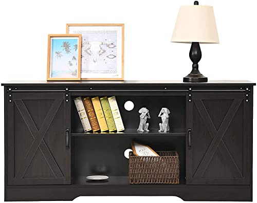 4 EVER WINNER Buffet Cabinet with Storage, 60β Kitchen Sideboard Cabinet with Sliding Barn Doors, Farmhouse Coffee Bar Cabinet Black Buffet Server Cabinet for Living Room Dinning Room, Espresso