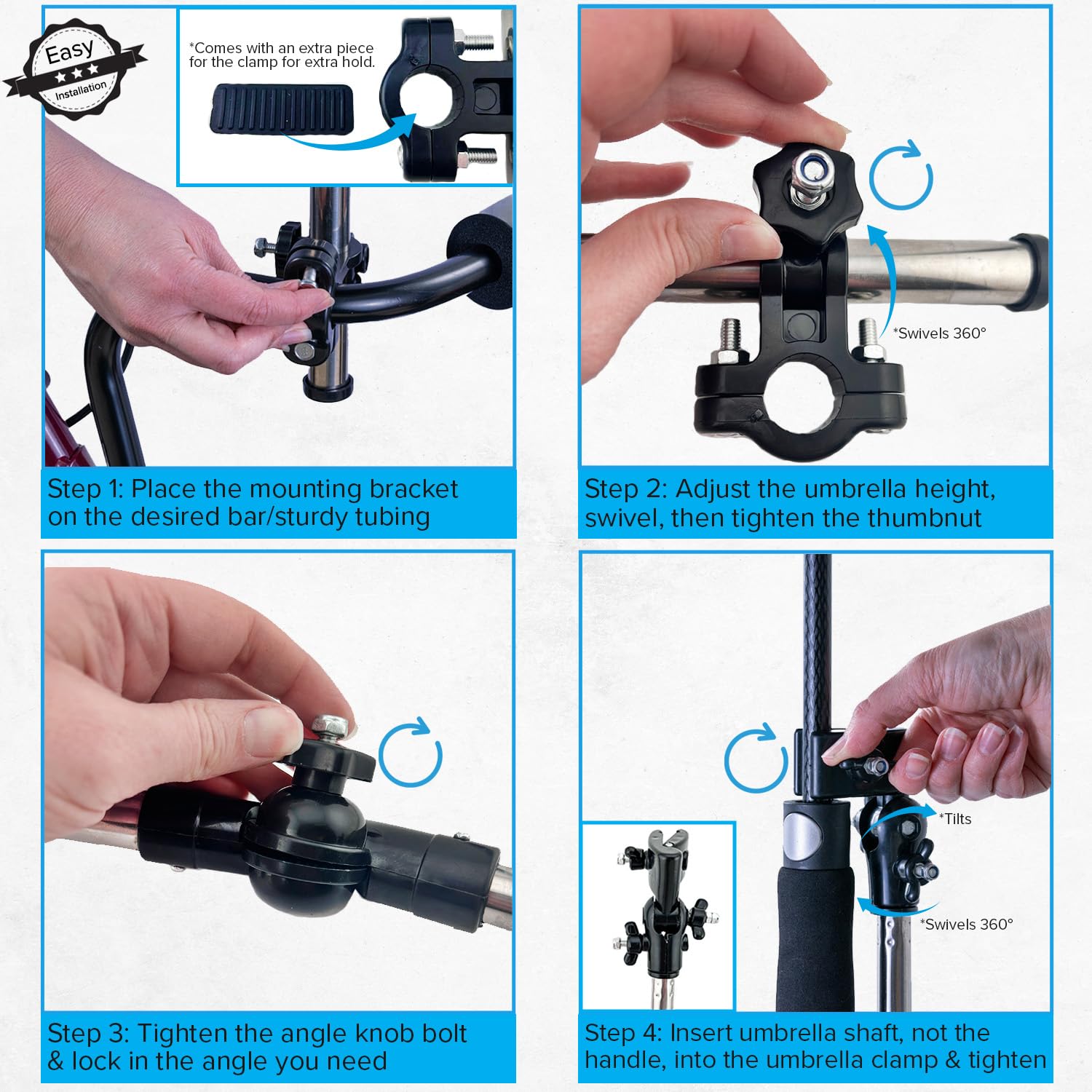 AlveyTech Universal Grip Umbrella Holder for Bike - 360° Angle Adjustable Attachment Clamp Mount Connector, for Bicycle Kick Scooter Baby Stroller Golf Cart Chair, use Beach Sport Sun Shade Outdoor